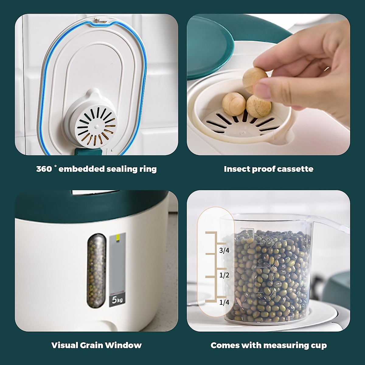 Rice Storage Container, 5KG Sealed Rice Dispenser with Measuring Cup, BPA-Free Cereal Storage Containers for Soybean Corn Kitchen Pantry Organization, Cereal Containers