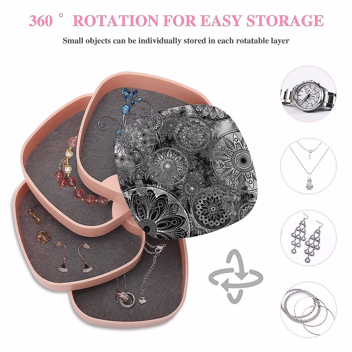 Islam, Arabic, Indian, Ottoman Motifs Tribal Mandala Floral Flower Women Jewelry Box with Mirror, 360 Degree Rotating 4-layer Tray with Lid, Storage Bag Case for Rings, Necklaces, Bracelets