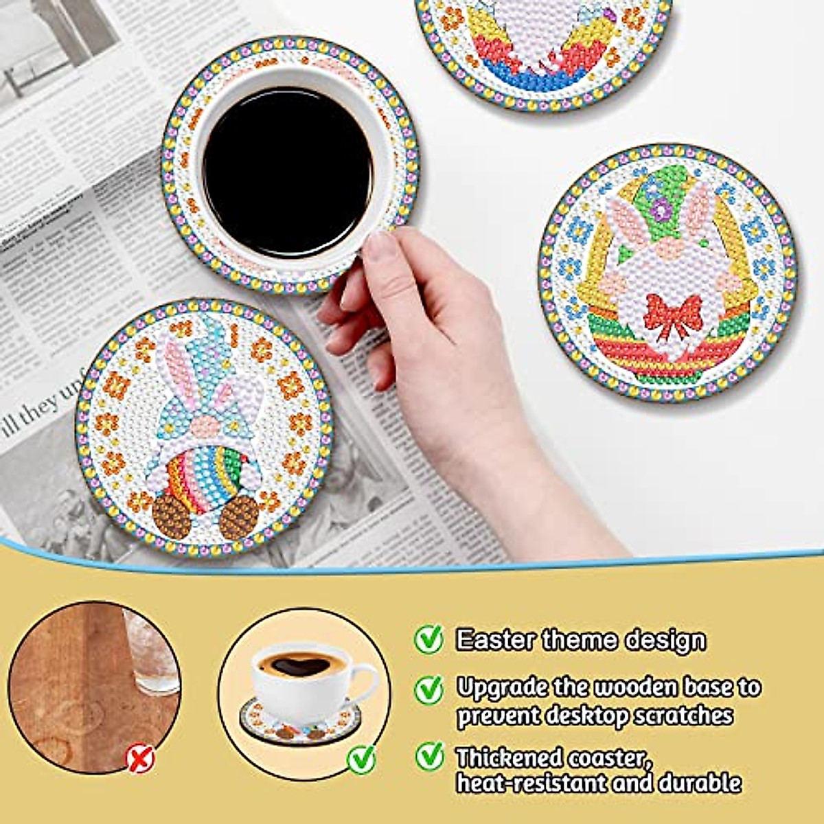 6 Pcs Diamond Painting Coasters Kit, Easter Diamond Painting Coasters with Holder, DIY Diamond Art Kits for Adults Kids 5D Diamond Painting Coasters for Easter Home Decor