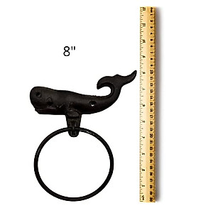 Cast Iron Nautical Whale Hand Towel Holder Ring, Wall Mounted Rings for Hanging Towels, Washcloths, and More, Rustic Coastal Bathroom Decor for Beach Houses, 8 Inches