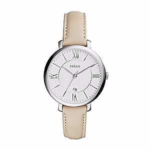 Fossil Women's Jacqueline Quartz Stainless Steel and Leather Three-Hand Date Watch, Color: Silver, White (Model: ES3793)