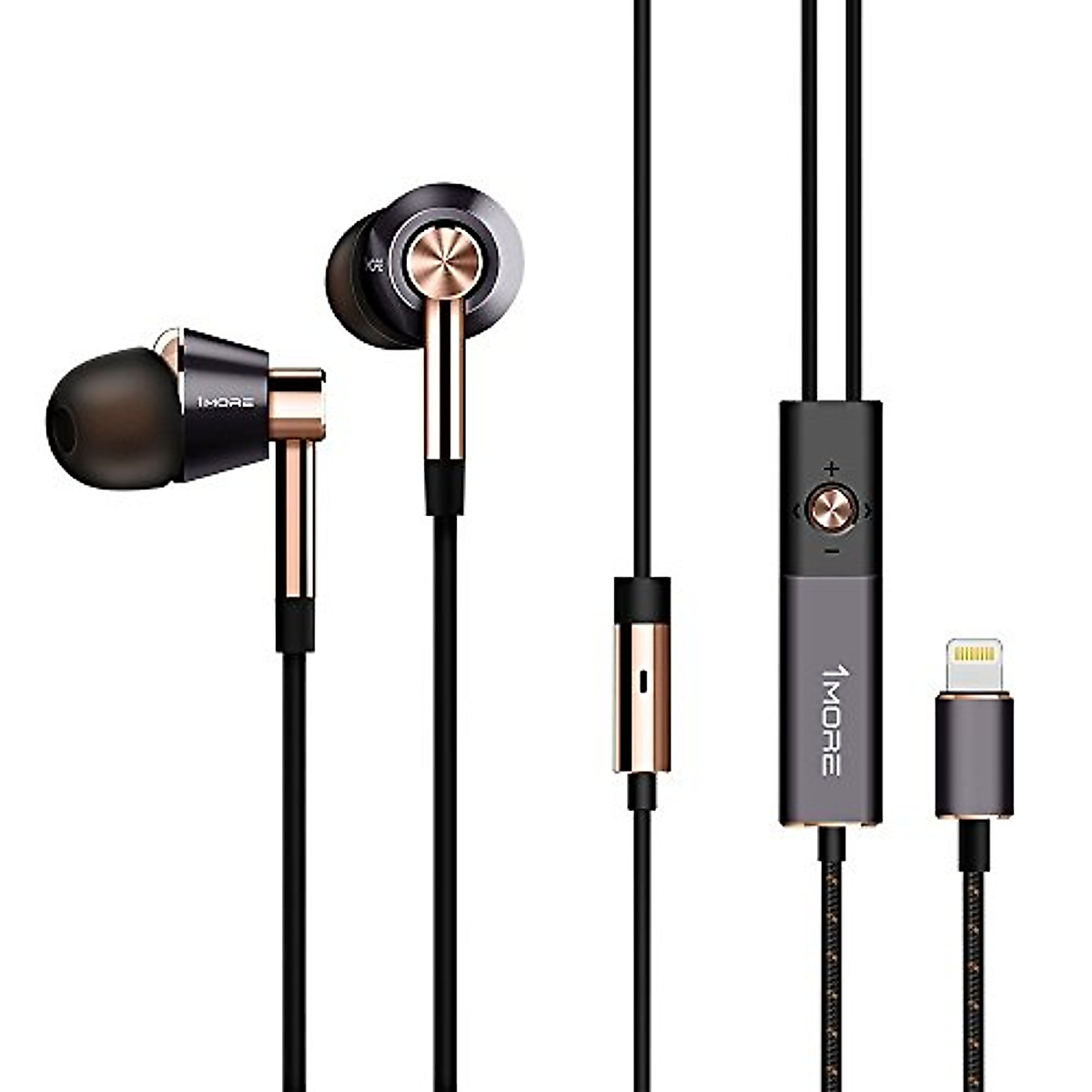 1MORE Triple-driver Headphones In-Ear Hi-Res Audio Earphones with Microphone and Remote Control Lightning Connector for iPhone7 iPhone 8 iPhone X, iPad & iPod - E1001L Gold