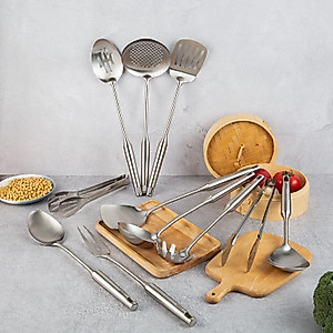 304 Stainless Steel Kitchen Utensils Set, 11 PCS All Metal Cooking Spoons - 2 Tongs, Fork, Solid Spoon, Slotted Spoon, Spatula, Soup Ladle, Skimmer, Slotted Spatula, Spaghetti Spoon, Large Spoon