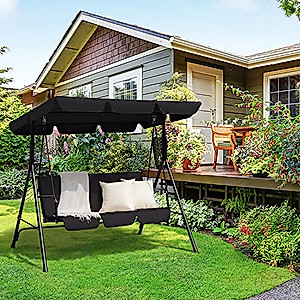 Rankok 3-Seat Outdoor Porch Swing with Adjustable Tilt Canopy Removable Cushion All-Weather Conversation Patio Swing Waterproof Outside Furniture Set for Garden Poolside Balcony Backyard (Black)