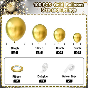 MISTARICH Metallic Gold Balloons 100 Pcs Latex Halloween Balloon Garland Arch Kit 5/10/12/18 Inch for Wedding Anniversary Graduation Birthday Baby Shower Party Decoration