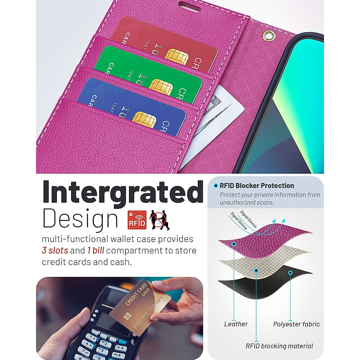 OCASE Compatible with iPhone 15 Plus Wallet Case, PU Leather Flip Folio Case with Card Holders RFID Blocking Kickstand [Shockproof TPU Inner Shell] Phone Cover 6.7 Inch 2023, Litchi Rose