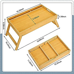 Leinuosen 2 Pcs Large Bed Tray Table with Media Slot 19.7 Inch Bamboo Breakfast Food Tray with Handles Folding Legs Portable Laptop Pad Desk TV Snack Tray for Eating, Reading, Working