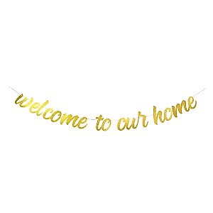 Starsgarden Glitter Gold Welcome to Our Home Banner for Housewarming Patriotic Military Decoration Family Party Supplies Cursive Bunting Photo Booth Props Sign(Gold Home)