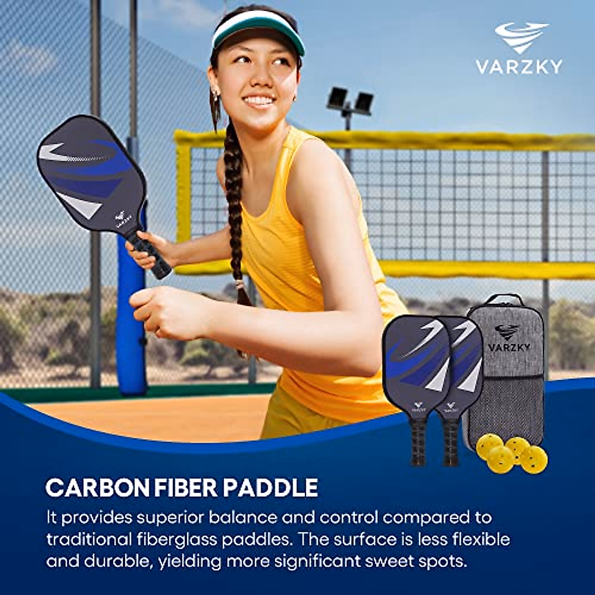 VARZKY Pickleball Paddles Set of 2 - USAPA Carbon Fiber Paddles with Advanced Polymer Honeycomb Core Technology - Lightweight Paddles with Anti-Slip Cushioned Grip - Beginners and Professional