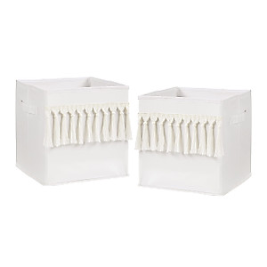Sweet Jojo Designs Ivory Boho Bohemian Foldable Fabric Storage Cube Bins Boxes Organizer Toys Kid Baby Children - Set of 2 - Gender Neutral Solid Beige Cream Off White Farmhouse Chic Minimalist Tassel