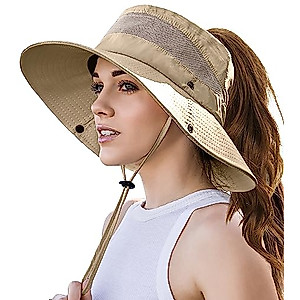 Sun Hat with High Ponytail Hole for Women, Womens UV Protection Wide Brim Foldable Waterproof Beach Bucket Safari Fishing Hat Khaki