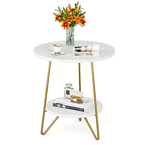 Tribesigns Faux Marble End Table, 2 Tier Round Side Table with Shelves, Modern Gold Nightstand Bedside Table Small Coffee Accent Table for Living Room Bedroom, White and Gold