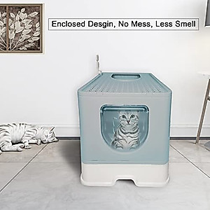 Hamiledyi Foldable Cat Litter Box with Lid, Large Litter Box with Drawer Enclosed Kitty Litter Pan, Top Entry Type Cat Potty with Plastic Scoop Anti-Splashing & No Smell Easy to Scoop (Blue)