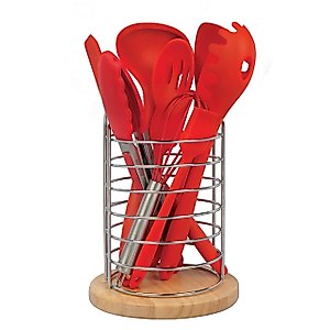 Silicone Kitchen Cooking Utensils w Bamboo Holder- 10 Pc Gourmet Non-Stick, Heat Resistant, Premium Kitchen Tools Set- Spatula, Spoon, Slotted Spoon, Tongs, Basting Brush, Whisk, Ladle-Baking, Baking