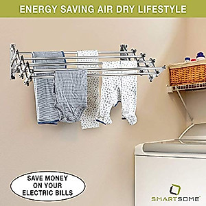 Smartsome Space Saver Fold Away Racks: Stainless Steel Wall Mounted Laundry Drying Rack, Easy to Install - 8 34" Rods, Total: 22.5 Linear Ft, 60 lb Capacity- Indoor and Outdoor Use