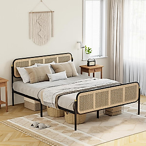 VOPEAK Rattan Bed Frame Full Size with Headboard, Boho Bed Frame, Full Bed Frame with Strong Metal Slats Support, Easy Assembly Mattress Foundation, Noise Free, No Box Spring Needed, Black