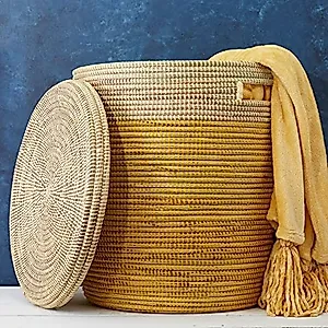 Senegal Extra Large Hand Woven Grass Yellow Beige Color Block Basket with Flat Lid