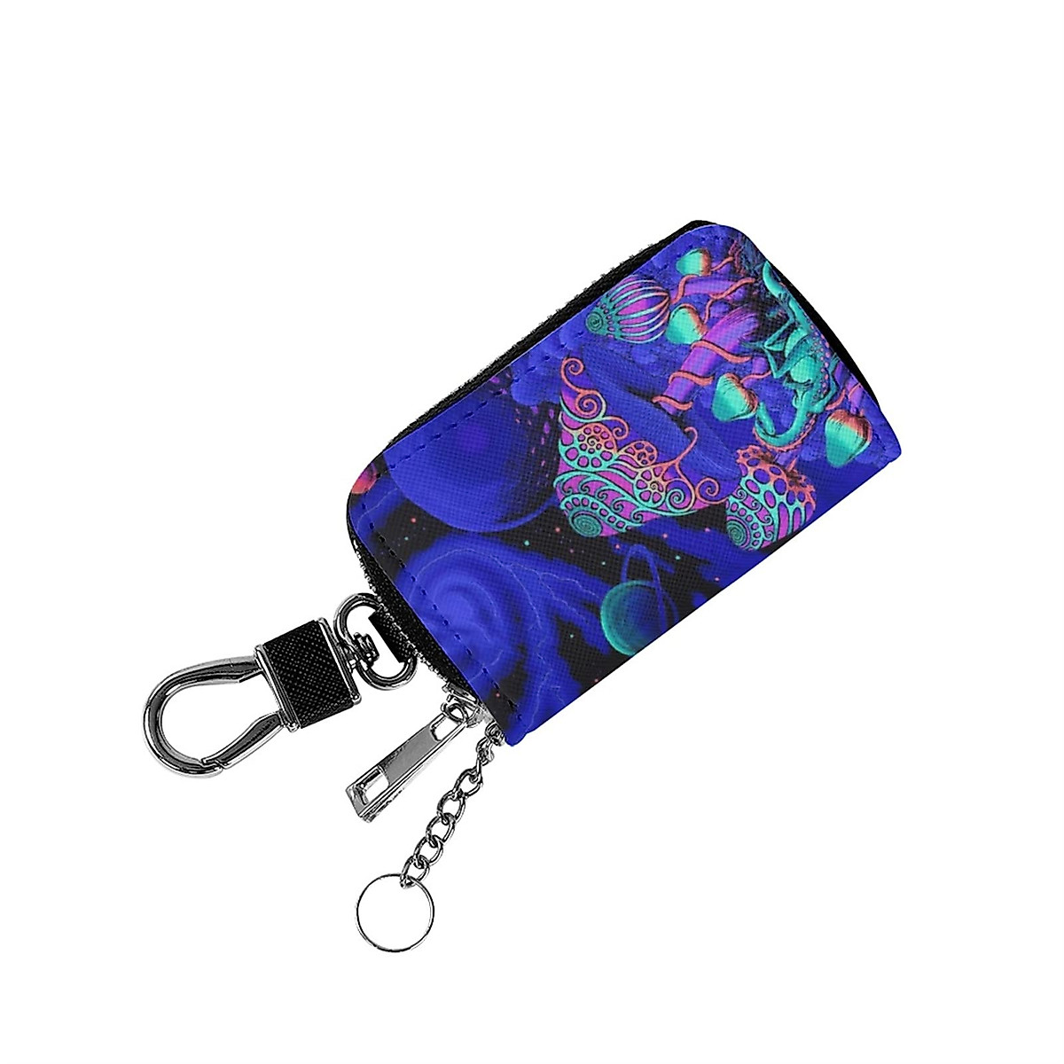 Poceacles Forest Mushroom Print Fashion Car Key Case, Leather Waterproof Auto Key Bag Car Smart Key Chain Keychain Holder with Zipper and Metal Hook