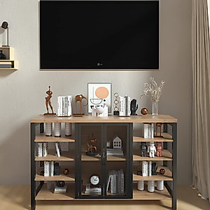 COZY EAGLE Industrial Wine Bar Cabinet, Coffee Bar Table with Storage & Rack for Liquor and Glasses for Home kitchen, Dining Room, 55.2 Inch Rustic Oak