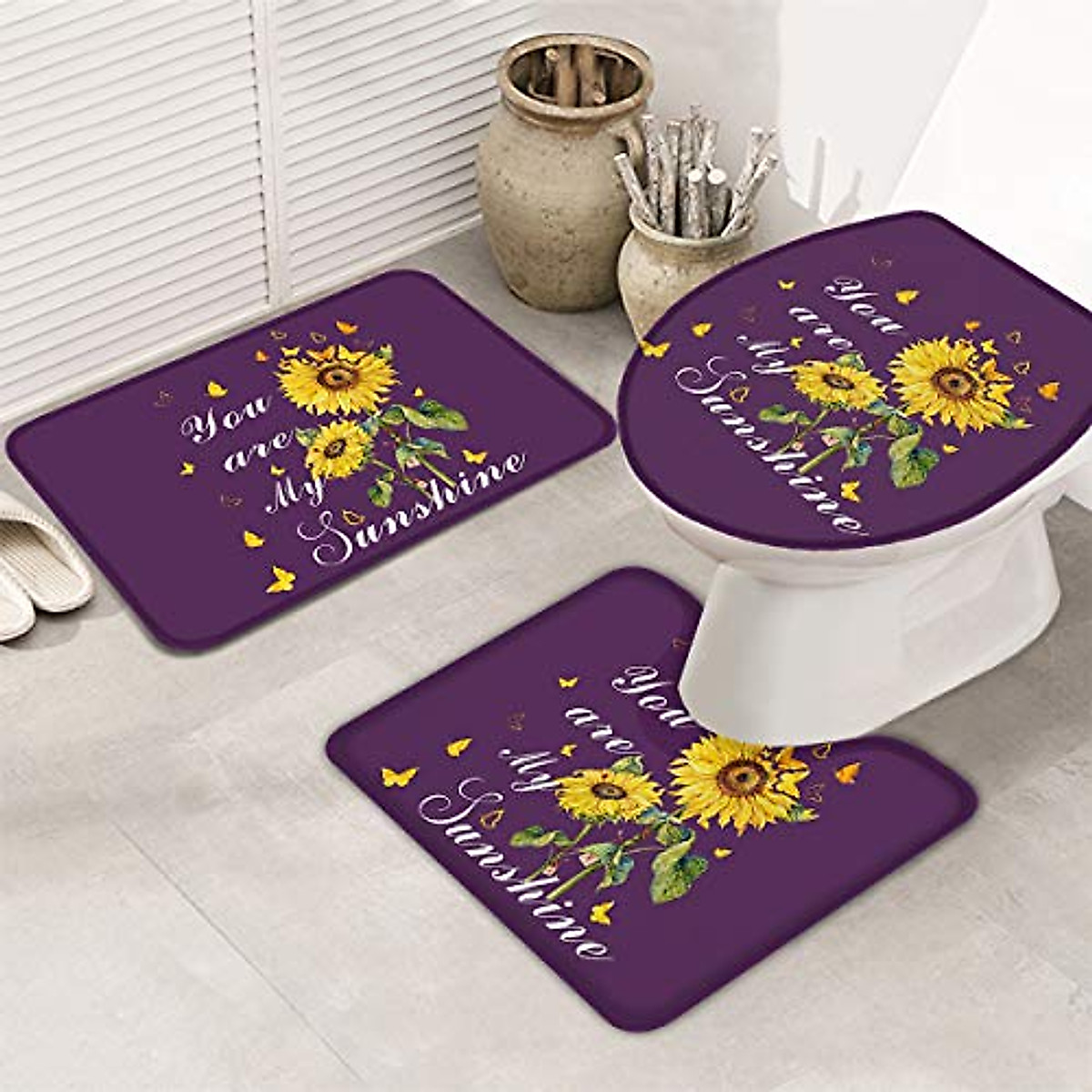 3 Piece Bath Rugs Sets Sunflower Butterfly Non Slip Bathroom Carpet You are My Sunshine Dark Purple Absorbent U-Shaped Toilet Mat, Toilet Lid Cover