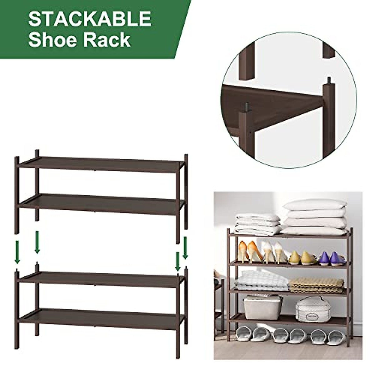 kiplant Bamboo Shoe Rack for Entryway, 2-Tier Stackable | Foldable | Natural, Shoe Organizer for Hallway Closet, Free Standing Shoe Racks for Indoor Outdoor
