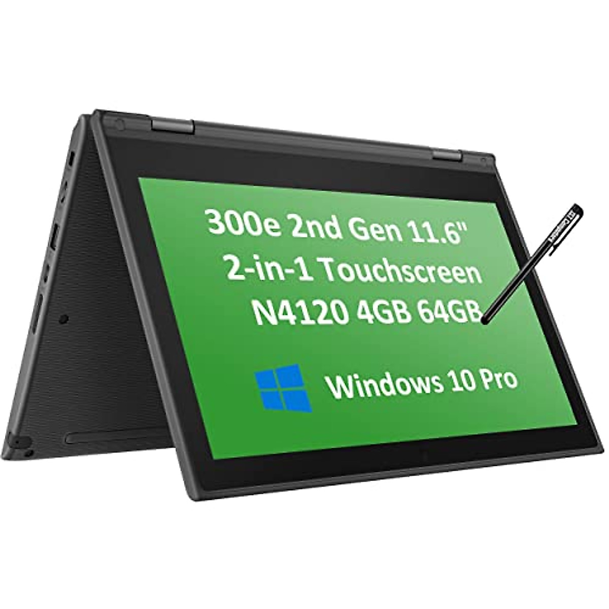 Lenovo 300e 11.6" 2-in-1 Touchscreen Winbook (4-Core Intel N4120, 4GB RAM, 64GB Storage, Stylus, Webcam), Ruggedized, Water Resistant, Convertible Home & Education Laptop, Windows 10 Pro (Renewed)