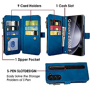 ZIULQIK for Samsung Galaxy Z Fold 5 Case, PU Leather Z Fold 5 Wallet Cases with S Pen Holder & Wrist Crossbody Strap & Card Holder Blue