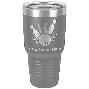 30oz Vacuum Insulated Tumbler Mug, Bowling Ball and Pins, Personalized Engraving Included (Gray)