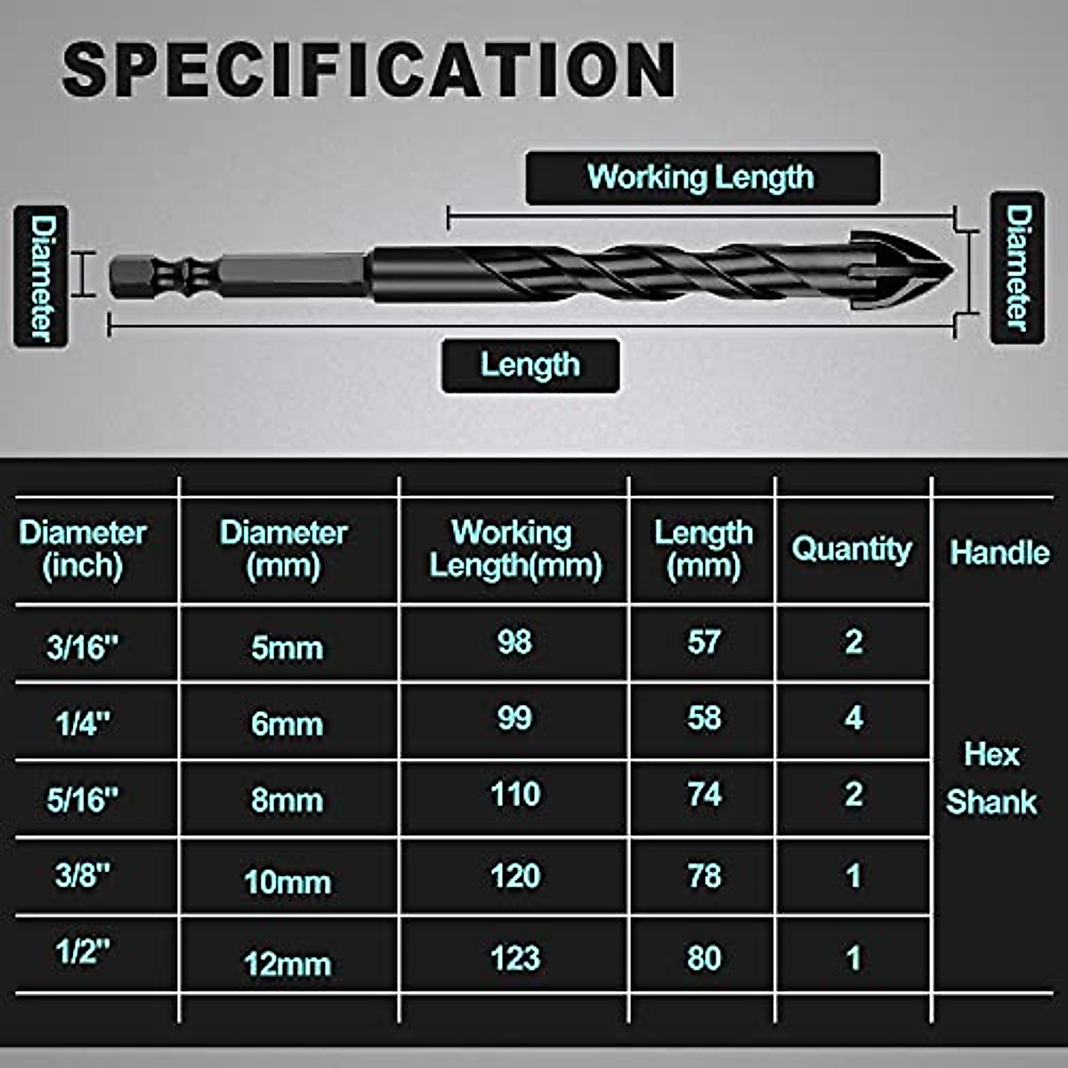10PCS Masonry Drill Bit Set, 3/16”-1/2” Concrete Drill Bits for Tile Brick Glass Plastic, Tungsten Carbide Tip Drill Bit Work with Wood, Ceramic Tile, Wall Mirror, 1/4" Hex Shank, Black