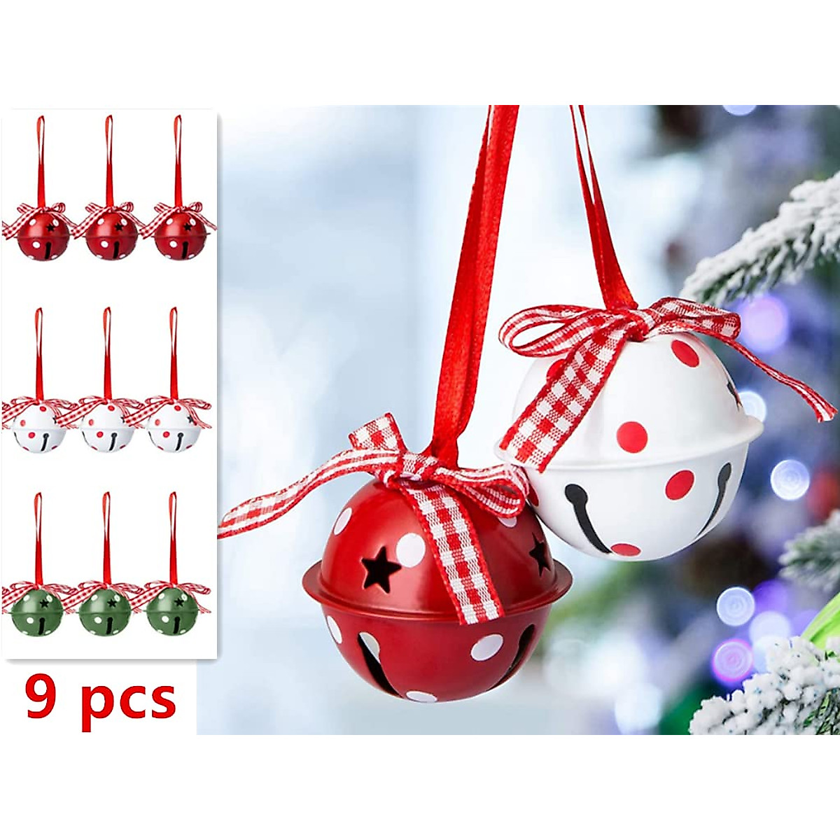 dongye 9 PCS Christmas Bells, Christmas Jingle Bell,Christmas Tree Bells Pendant,Christmas Holiday Party Supplies Craft Bells with Star Cutouts, Red & White & Green Home Garden Christmas Tree Decor