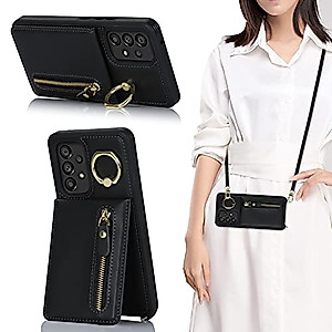 Jaorty Samsung Galaxy A53 5G Phone Case for Women with Card Holder,Samsung A53 Case Wallet Crossbody Lanyard with Strap,Credit Card Slots Kickstand Case with Ring Holder,6.5 Inch,Black