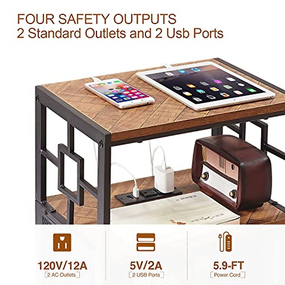 MNEETRUNG End Table with Charging Station, Industrial Side Table with USB Ports and Outlets, Bedside Tables with Door, 3-Tier Nightstand for Small Spaces, Sturdy, for Living Room, Bedroom, Brown