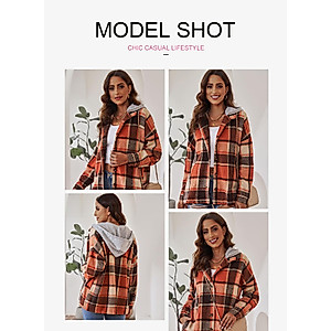 EVALESS Womens Fall Hooded Flannel Shacket Jacket 2023 Trendy Casual Long Sleeve Plaid Corduroy Button Down Shirts Coats Outfits,Orange M