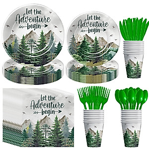 HIPVVILD Let The Adventure Begin Baby Shower Decorations Tableware - Adventure Awaits Party Decorations, Plate, Cup, Napkin, Cutlery, Mountain Forest Woodland Camping Travel Party Supplies | Serve 24