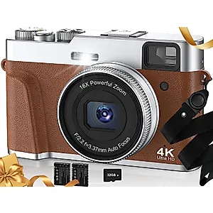 Upgraded 4K Digital Camera with SD Card Autofocus,48MP Point and Shoot Camera with Flash Viewfinder & Dial,Vlogging Camera Anti-Shake,16X Zoom Portable Travel Camera,2 Batteries