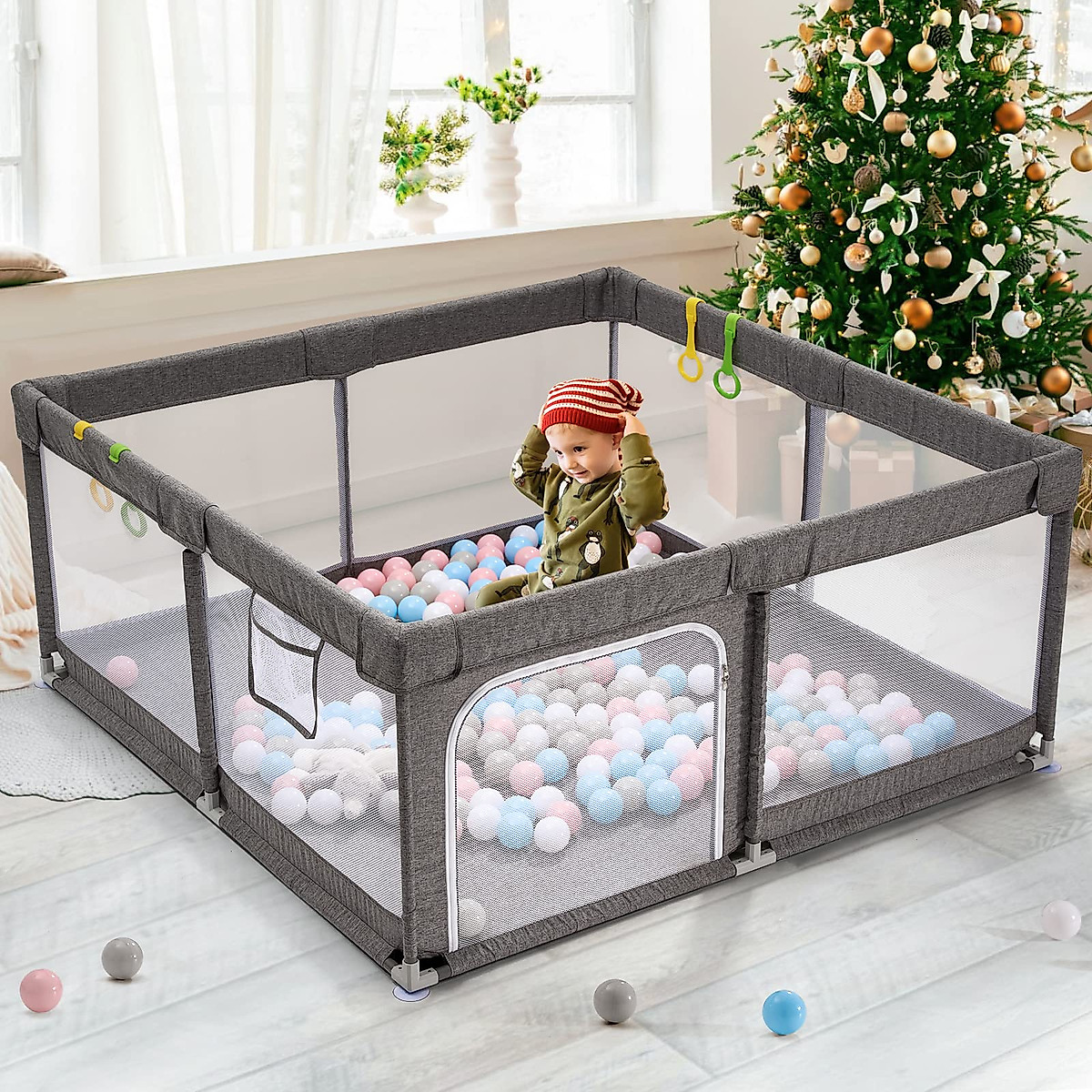 UANLAUO Baby Playpen, Sturdy Playpen for Babies and Toddlers, Safety Baby Play Yards, Easy Assembly Large Baby Playpen for Babies, Anti-Collision BPA-Free Breathable Mesh Play Pen, 59in X 59in (Gray)