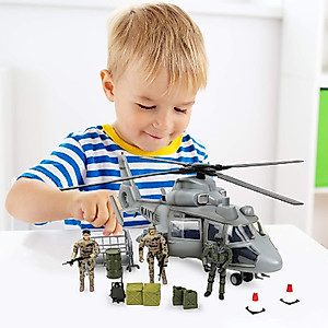 Click N' Play Military Aerial Rocket Helicopter 24 Piece Playset with Accessories - Great Army Toys Action Figures for Kids and Boys Ages 4-7 8 - 12 | Model Vehicle Helicopter Silver
