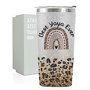 Onebttl Yaya Gifts from Granddaughter, Grandson, Insulated Stainless Steel Wine Tumbler with Lid and Straw, for Grandma on Mother's Day, Birthday, Christmas, Best Yaya Ever, Glitter Silver, 20 oz