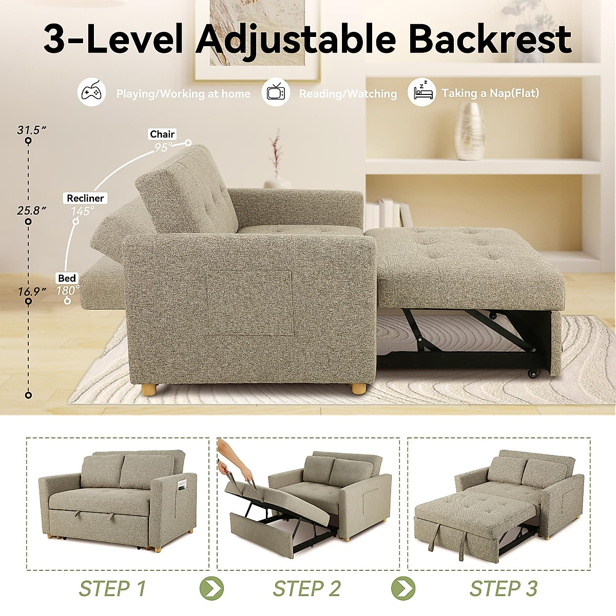 SEJOV 3-in-1 Convertible Sofa Bed, Linen Fabric Pull Out Couch Bed, Adjustable Backrest Futon Sofa Chair, Loveseat which Easy to Assembly, Sturdy Recliner for Living Room, Apartment, Brown Grey