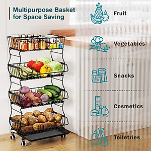 Onion and Potato Storage, Packism 4 Tier Fruit Vegetable Storage Basket with Protective Mats, Rolling Cart Vegetable Storage with Lockable Wheels for Kitchen, Bathroom, Pantry - Black
