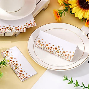 Whaline 100Pcs Fall Place Cards Orange Sunflower Maple Leaves Tented Cards Autumn Watercolor Floral Seating Cards for Thanksgiving Harvest Party Table Setting Supplies, 4 x 1.8 in