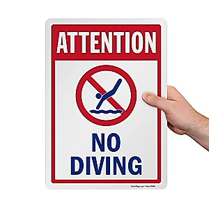 SmartSign 14 x 10 inch “Attention - No Diving” Pool Metal Sign, 40 mil Laminated Rustproof Aluminum, Red, Blue and White