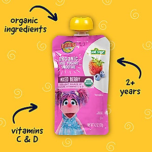 Earth's Best Organic Kids Snacks, Sesame Street Toddler Snacks, Organic Fruit Yogurt Smoothie for Toddlers 2 Years and Older, Mixed Berry, 4.2 oz Resealable Pouch (Pack of 12)