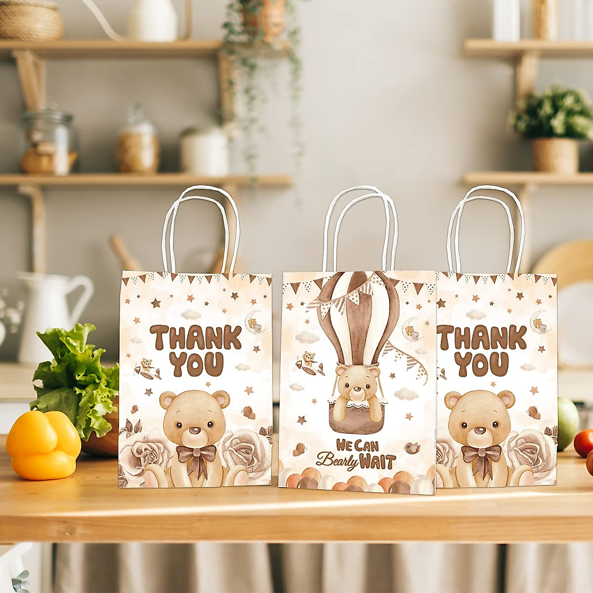 GREHUMOR Bear Baby Shower Decorations -Neutral Bear Baby Shower Paper Bags We Can Bearly Wait Gift Bags with Handles Thank You Gift Bags
