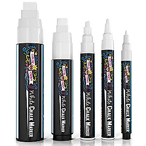 CHALKY CROWN 5pc White Chalk Markers - Non-Toxic Liquid Chalkboard Markers, White Liquid Chalk Marker for Windows, Glass - 1, 3, 6, 10, 15mm Tips