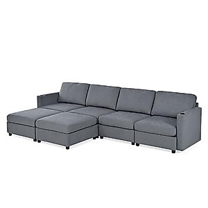 123.6" Oversized Chenille Upholstered Modular Storage Sectional Sofa Couch W/2 Movable Ottomans & Cupholders, U-Shaped Corner Free Combined Sofa&Couch Convertible Sleeper Sofabed for Living Room