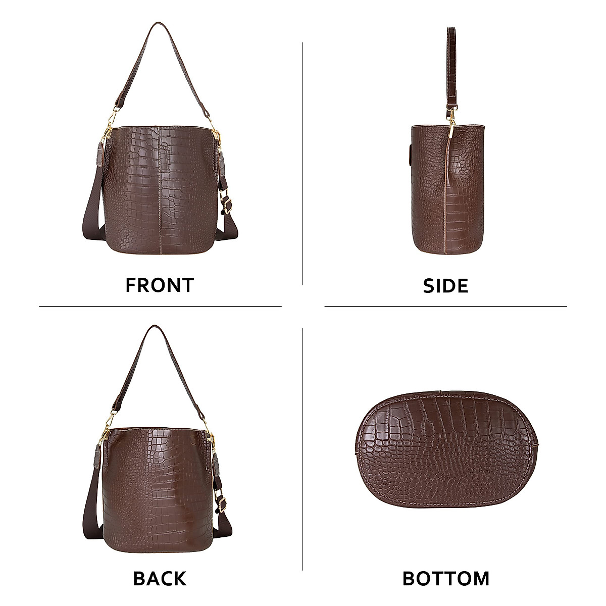 Hirooms Women retro design shoulder bag crocodile leather large capacity bucket handbag (Brown)