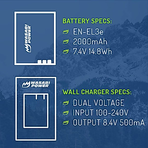 Wasabi Power Battery (2-Pack) and Charger for Nikon EN-EL3e and Nikon D50, D70, D70s, D80, D90, D100, D200, D300, D300S, D700