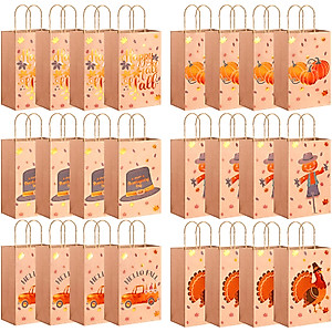 Yexiya Fall Gift Bags Bulk Thanksgiving Kraft Paper Treat Bags Fall Candy Bags with Handles Fall Goodies Bags for Thanksgiving Party Favors Supplies(24 Pcs)