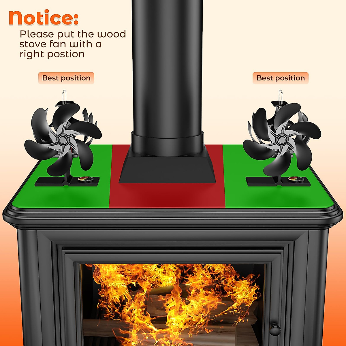 Zgrmbo Wood Stove Fan, 6 Blades Heat Powered Fireplace Fan with Temperature Reminder, Silent Stove Top Fan, Wood Stove Accessories, Non-Electric Fan for Wood Burning Stove/Pellet/Log Burner/Fireplace